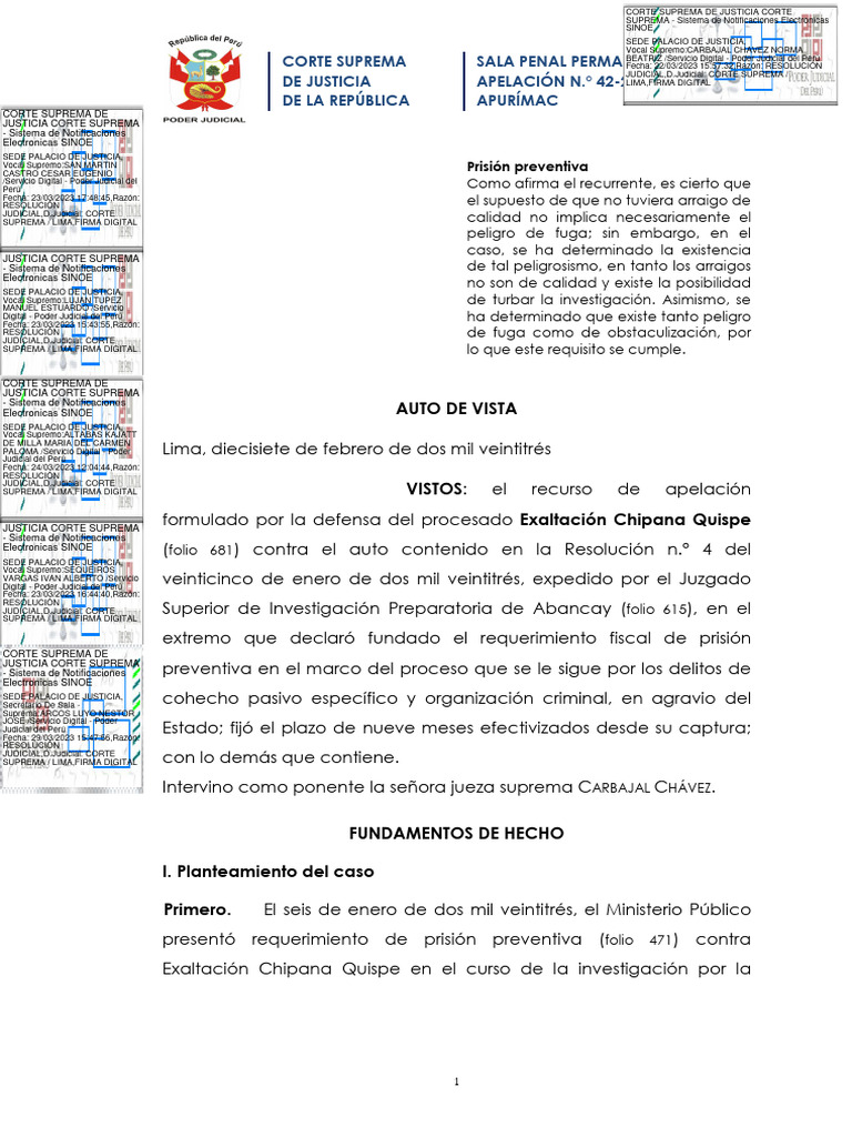 Prisión Preventiva: Caso Chipana Quispe | PDF | Apelación | Derecho penal