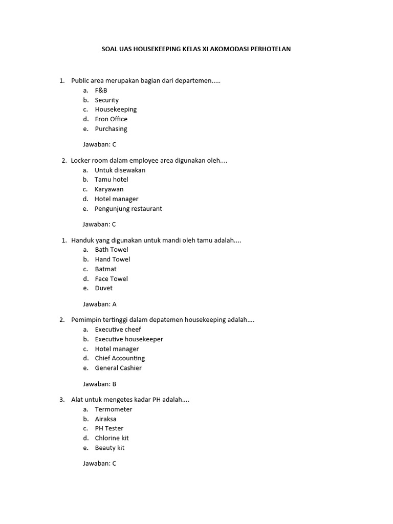 Soal Uas HK Kelas Xi Akomodasi Perhotelan | PDF | Griya & Taman