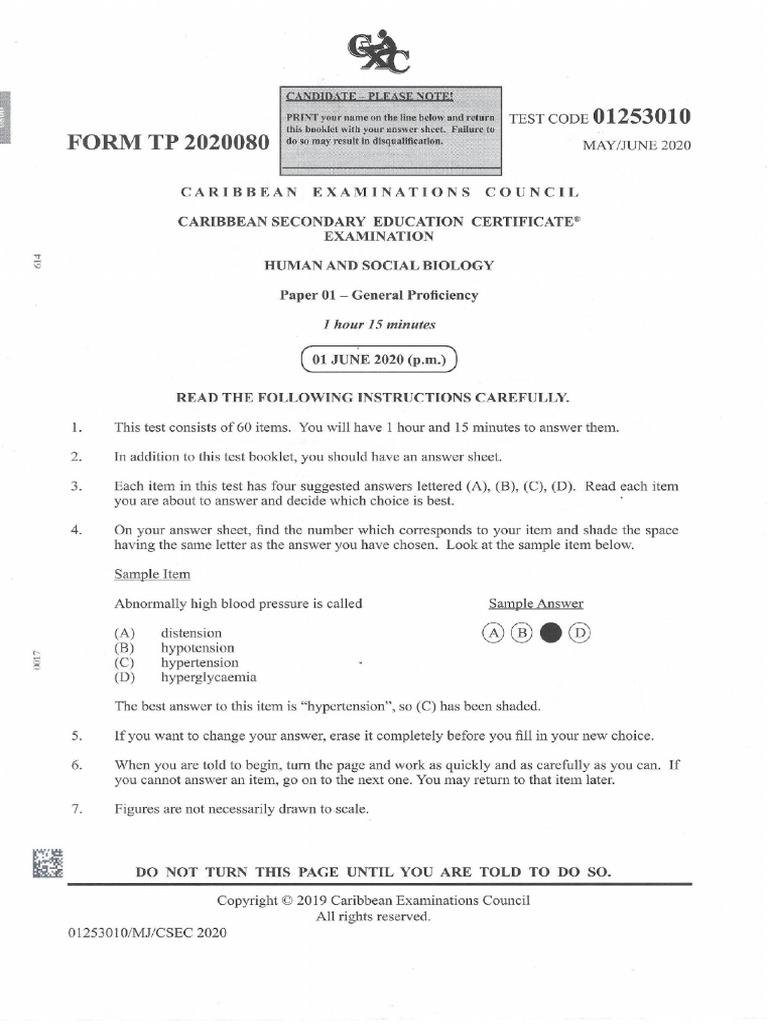 CSEC HSB June 2020 Paper 1 | PDF
