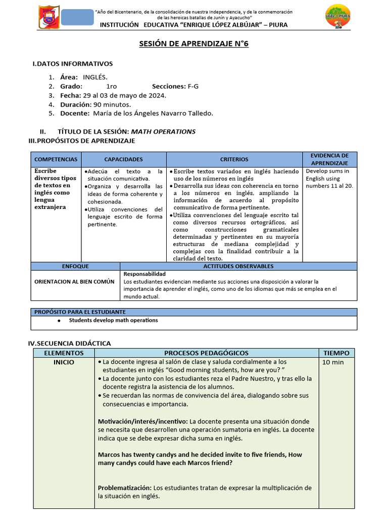 SESIÓN DE APRENDIZAJE N°07 1ro | PDF | Aprendizaje | Evaluación
