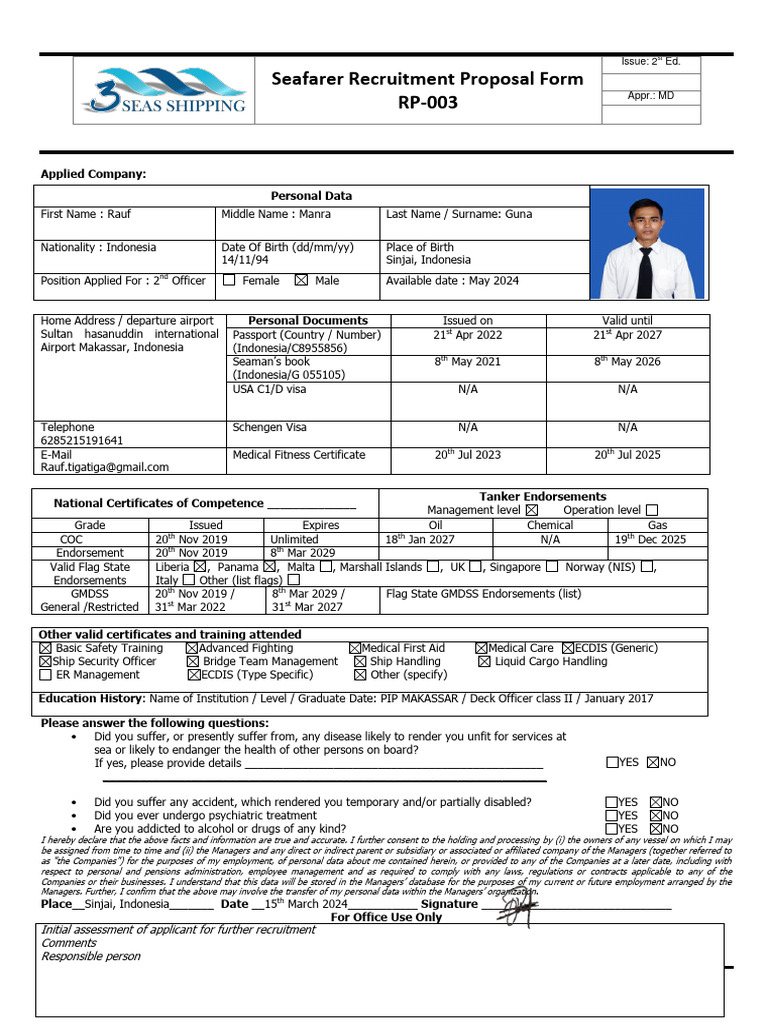 Seafarer Recruitment Application Form | PDF | Oil Tanker | Shipping