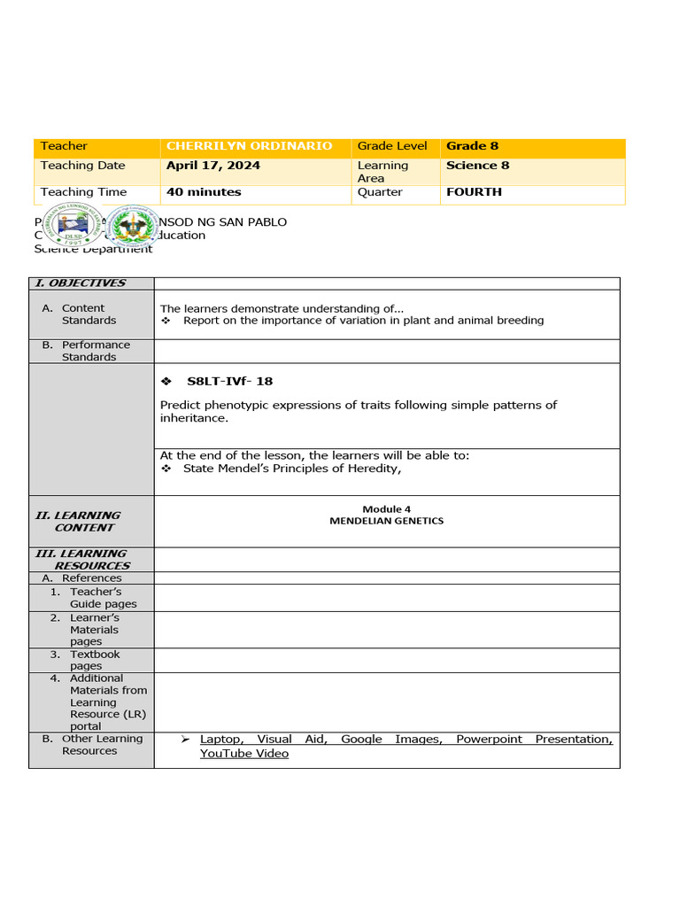 lesson 4 medilian genetics | PDF | Learning | Cognitive Science