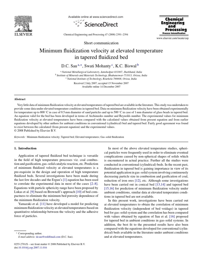 Minimum Fluidization Velocity at Elevate | PDF | Fluidization | Gases