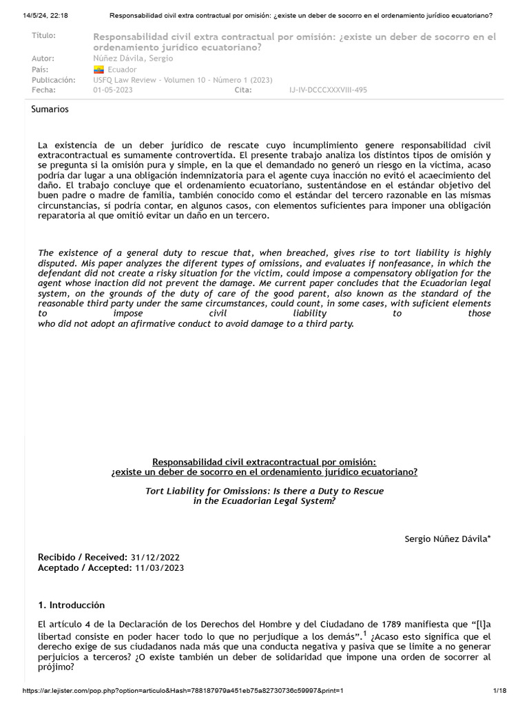 Responsabilidad Civil Extra Contractual Por Omisión - ¿Existe Un Deber de Socorro en El ...