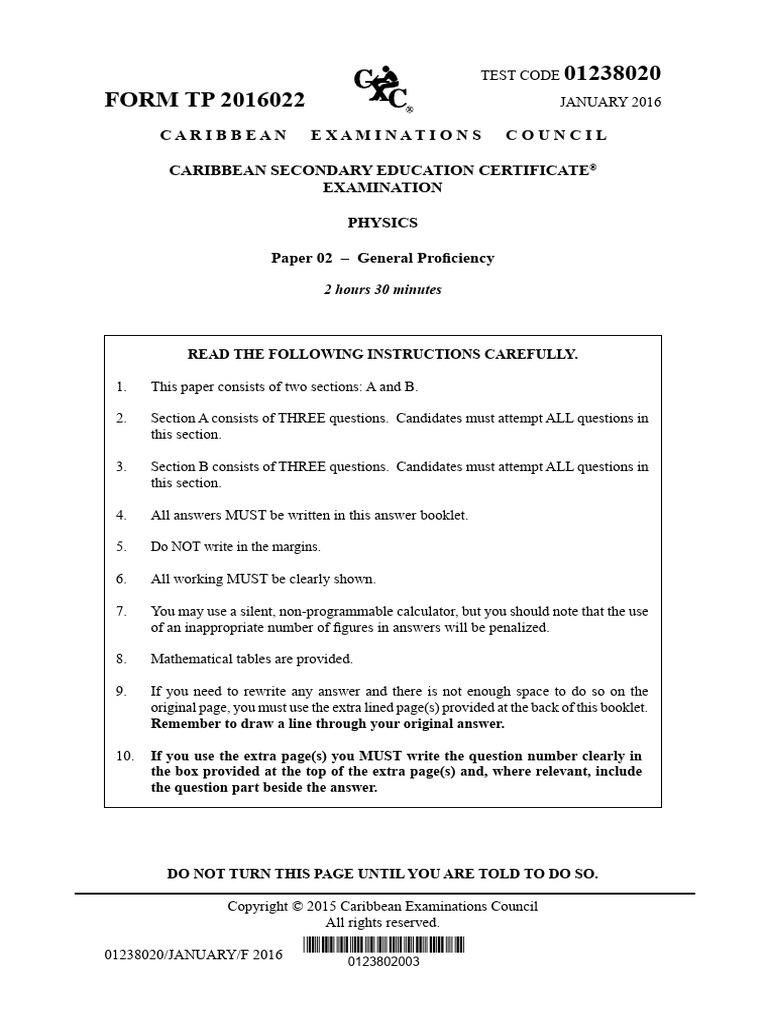 CSEC Physics Jan 2016 Paper 2 | PDF | Temperature | Physical Sciences