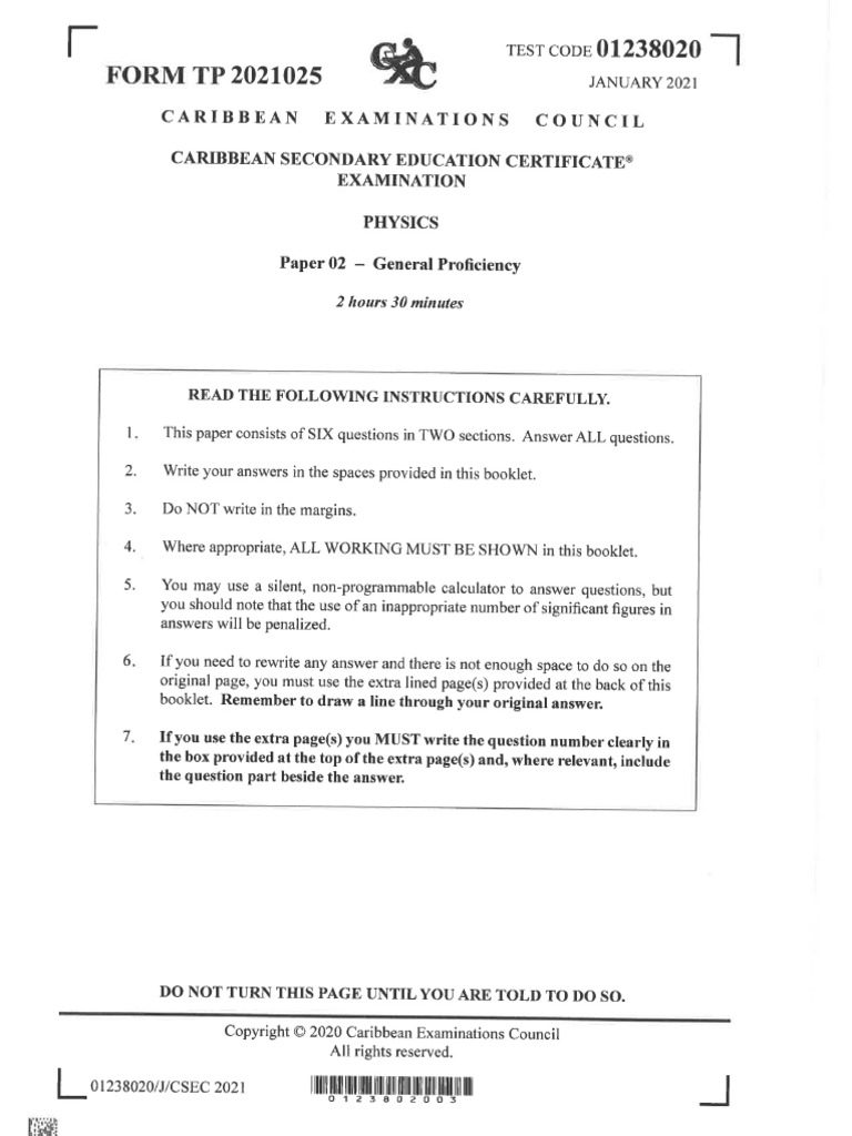 CSEC Physics Jan 2021 Paper 2 | PDF