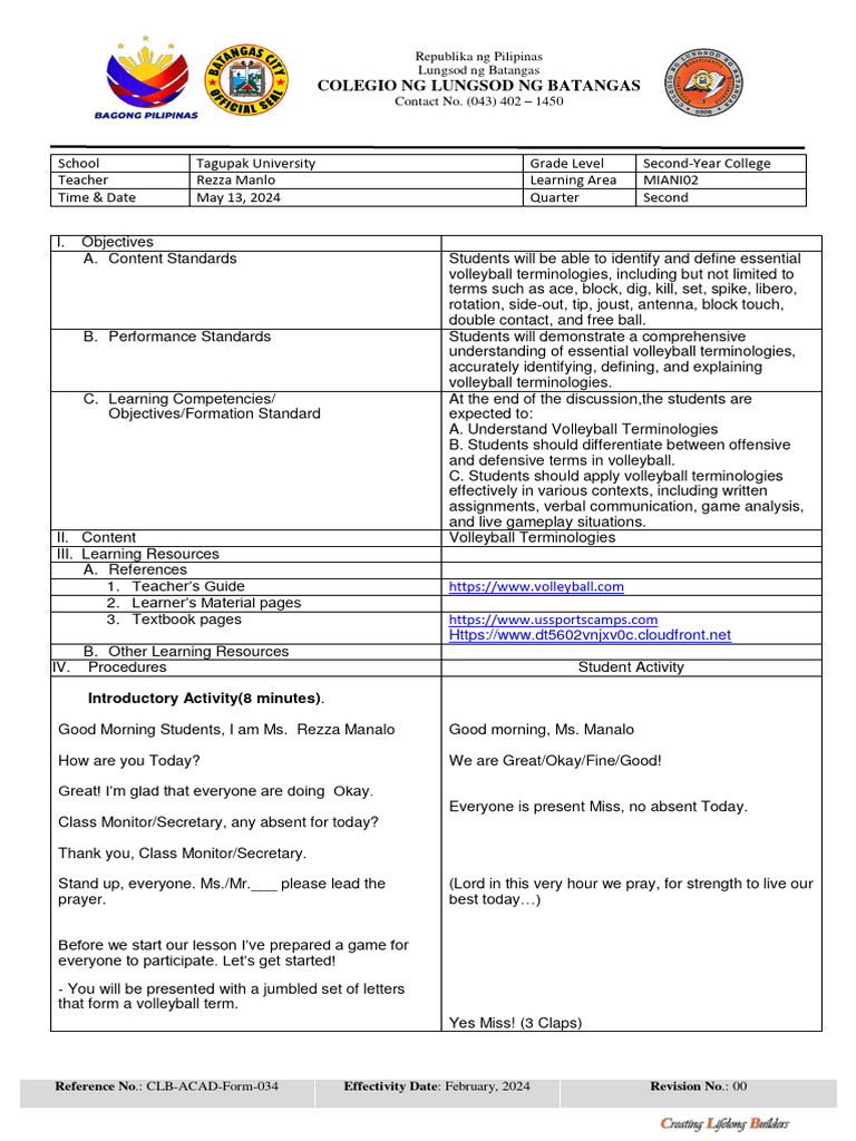 DETAILED Lesson Plan | PDF | Volleyball | Cognition