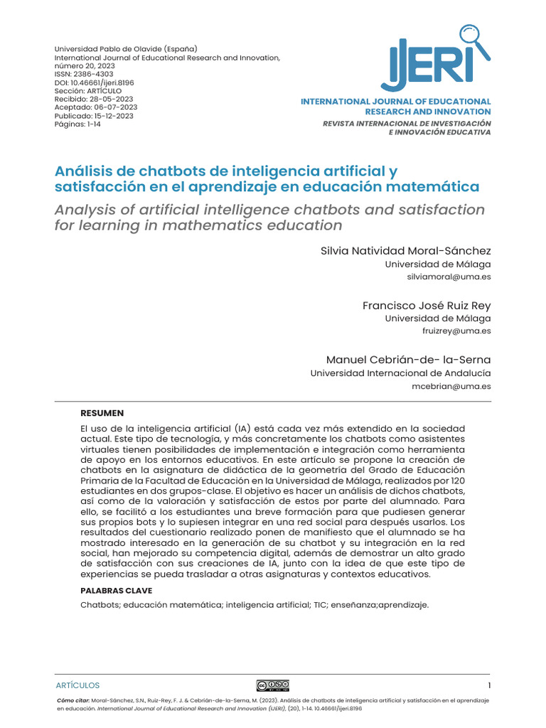 Análisis de Chatbots de Inteligencia Artificial y Satisfacción en El Aprendizaje en Educación ...