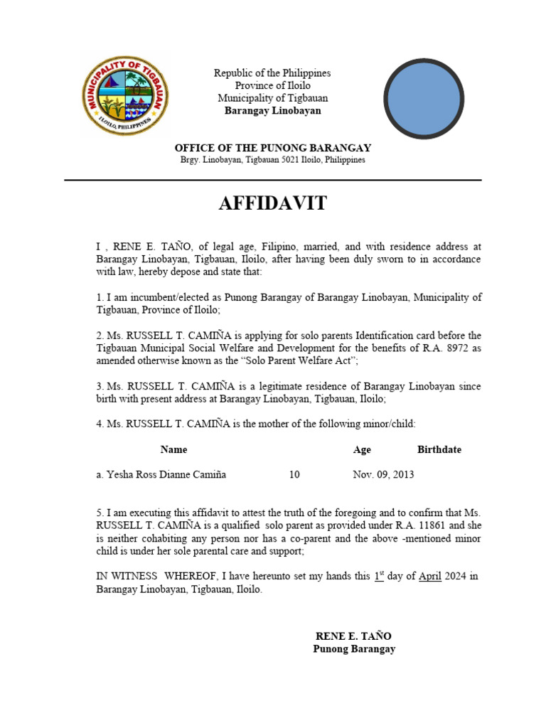 Affidavit for Solo Parent ID Application | PDF | Social Science | Wellness