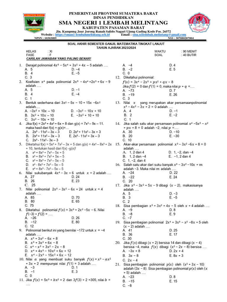 Soal Matematika Tingkat Lanjut Kelas Xi | PDF