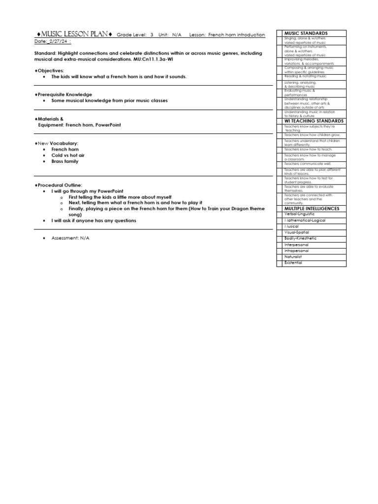 French Horn Lesson Plan for 3rd Grade | PDF | Teachers | Teaching