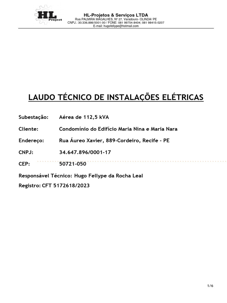 Laudo de Energia - Edf. Nina e Nara | PDF | Corrente elétrica | Energia elétrica