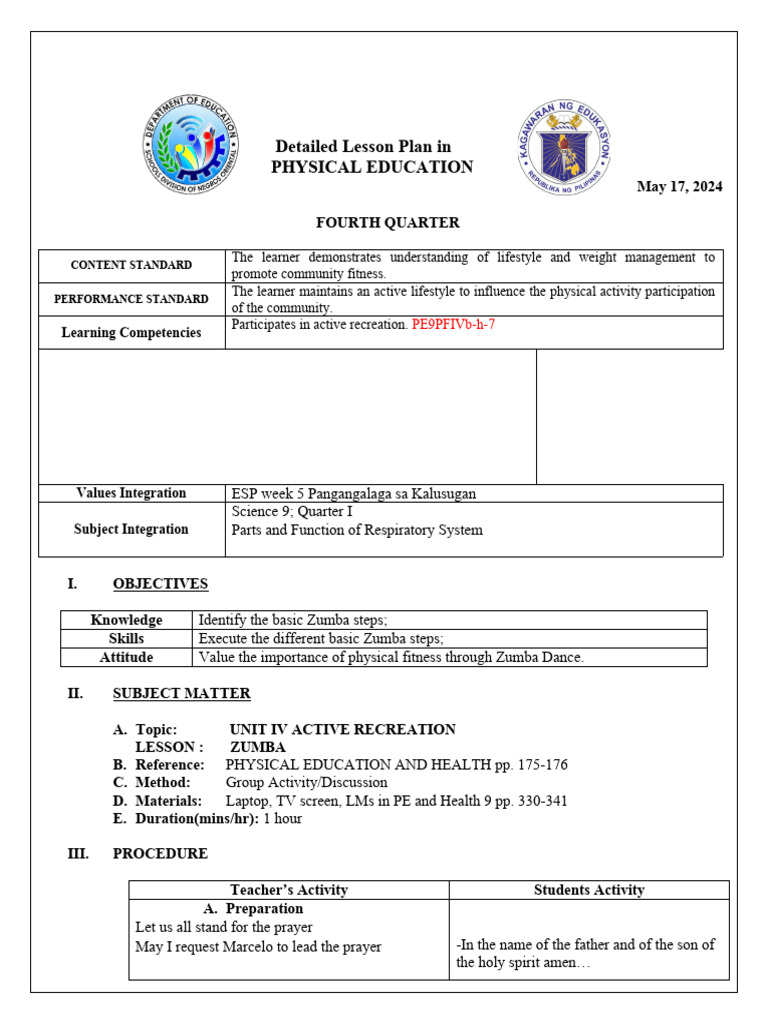 Detailed Lesson Plan in Zumba | Download Free PDF | Physical Fitness