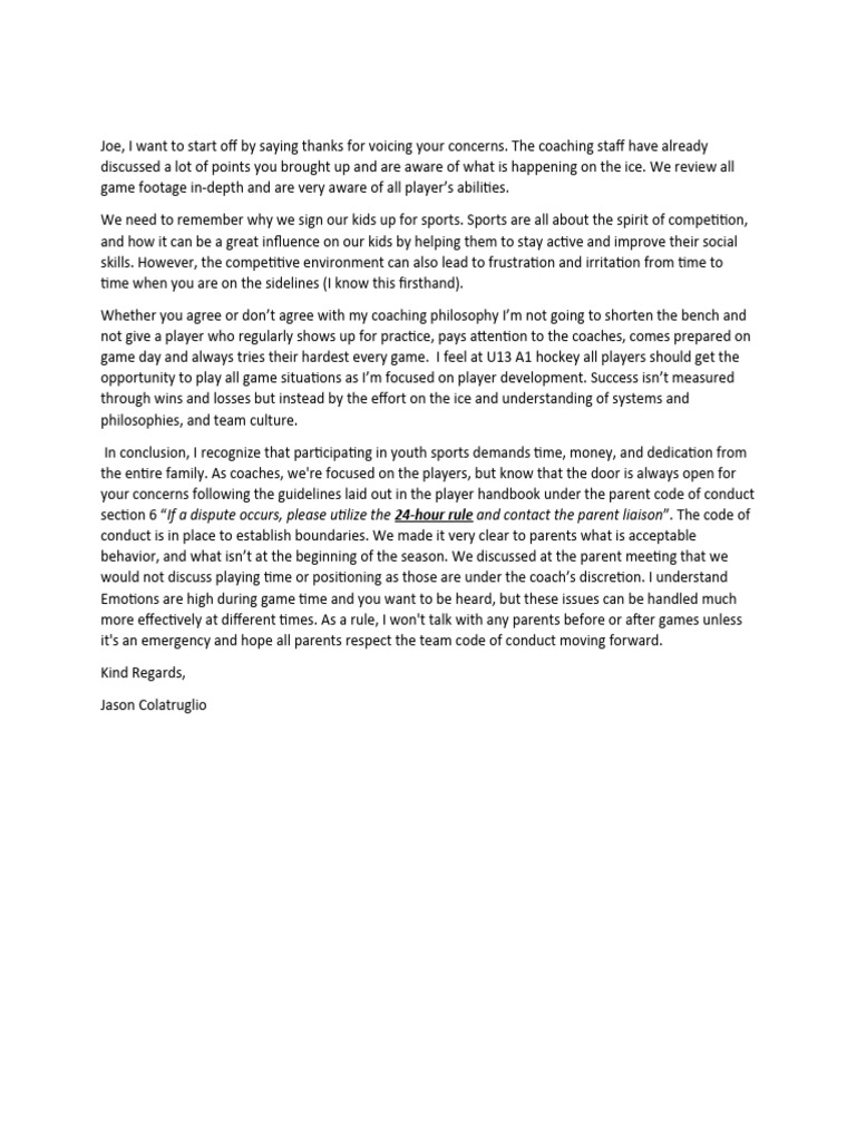 Letter To Joe Playing Time. | PDF | Career & Growth | Sports & Recreation