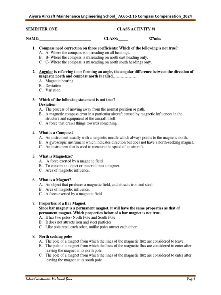 Semester One Class Activity 1 | PDF | Compass | Magnetic Field