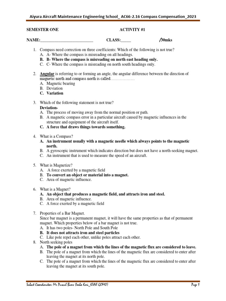 Semester One Class Activity 1 Answer Sheet | PDF | Compass | Magnetic Field