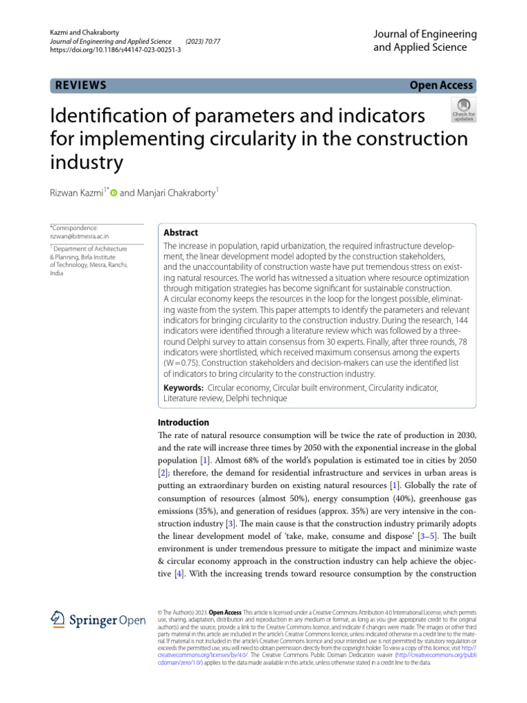 Identification of Parameters and Indicators For Implementing Circularity in The Construction ...