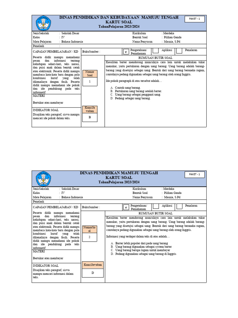 KARTU SOAL Bahasa Indonesia KELAS IV KUMER Baru | PDF
