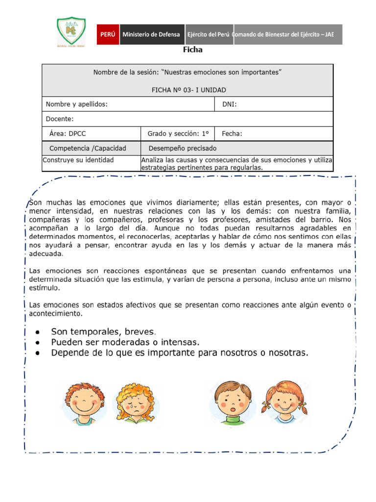 FICHA 3 EMOCIONES PRIMERO SECUNDARIA 2024 | PDF | Las emociones | Temor