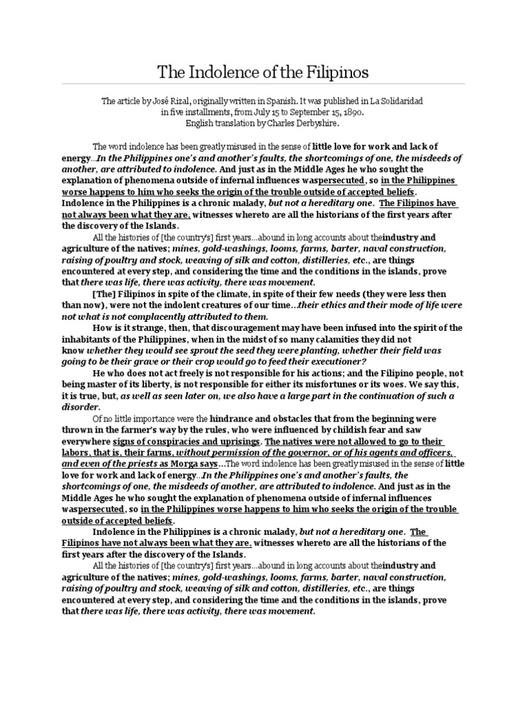 Rizal on Filipino Indolence Explained | PDF | Philippines | Agriculture