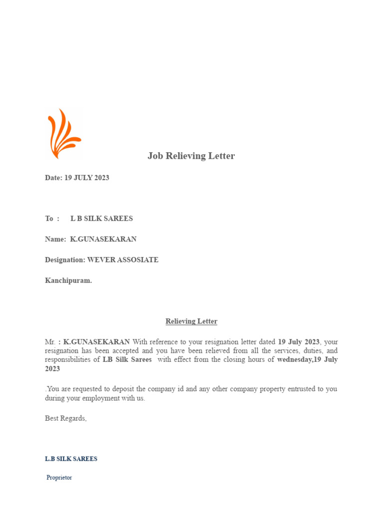 Job Relieving Letter | PDF