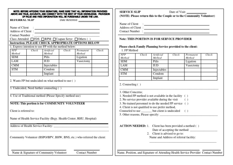Referrals and Service Slip | PDF | Public Health | Family Planning