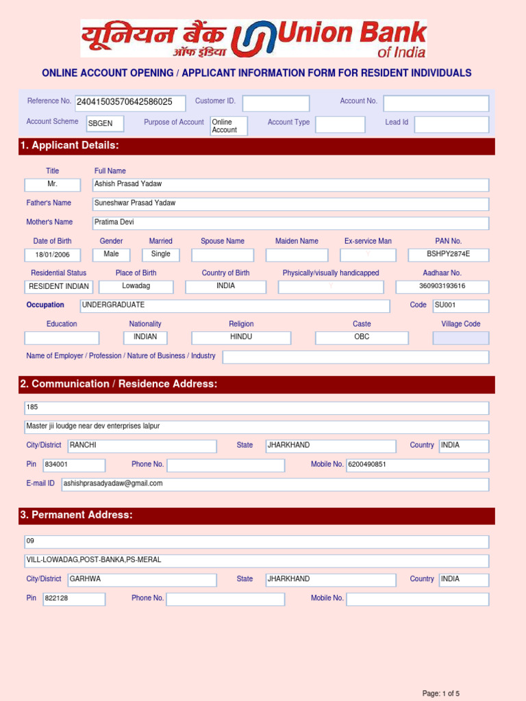 Union Bank Account Opening Form PDF | PDF | Banks | Cheque