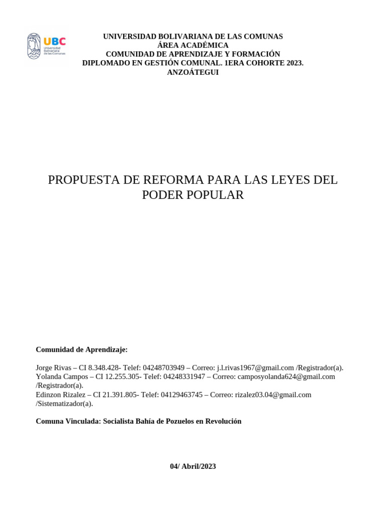 Propuestas de Las Leyes Del Poder Popular | PDF