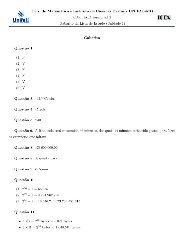 Gabarito - Estudo - Matemática | PDF