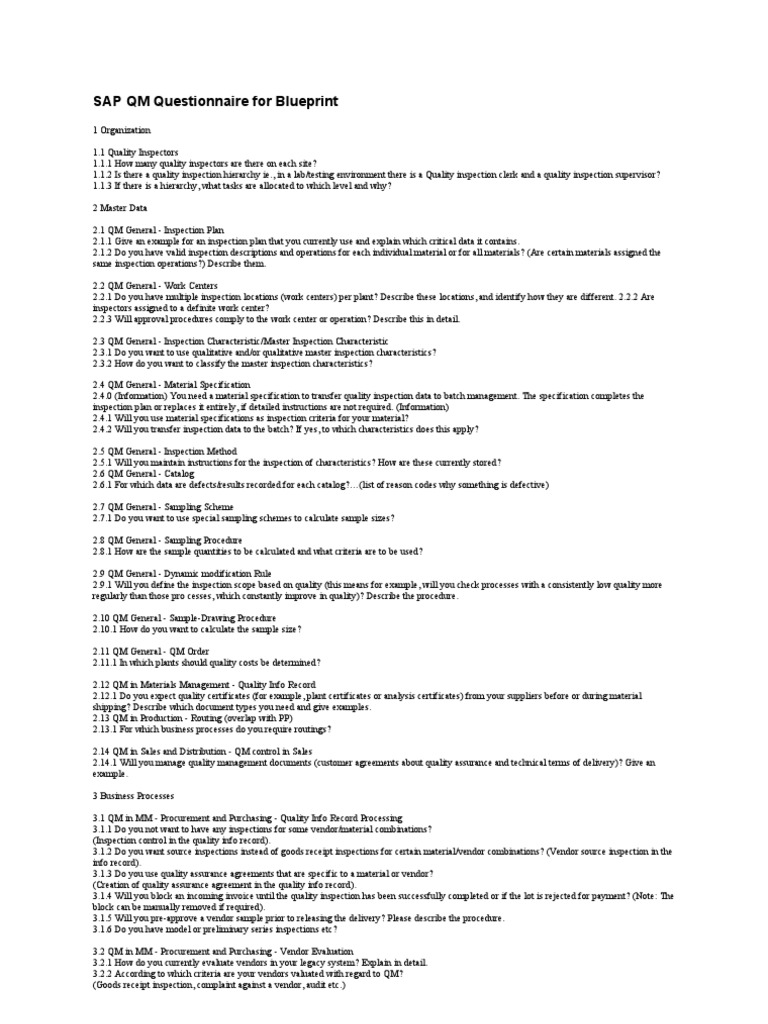 SAP QM Questionnaire ASAP | PDF | Business Process | Specification ...