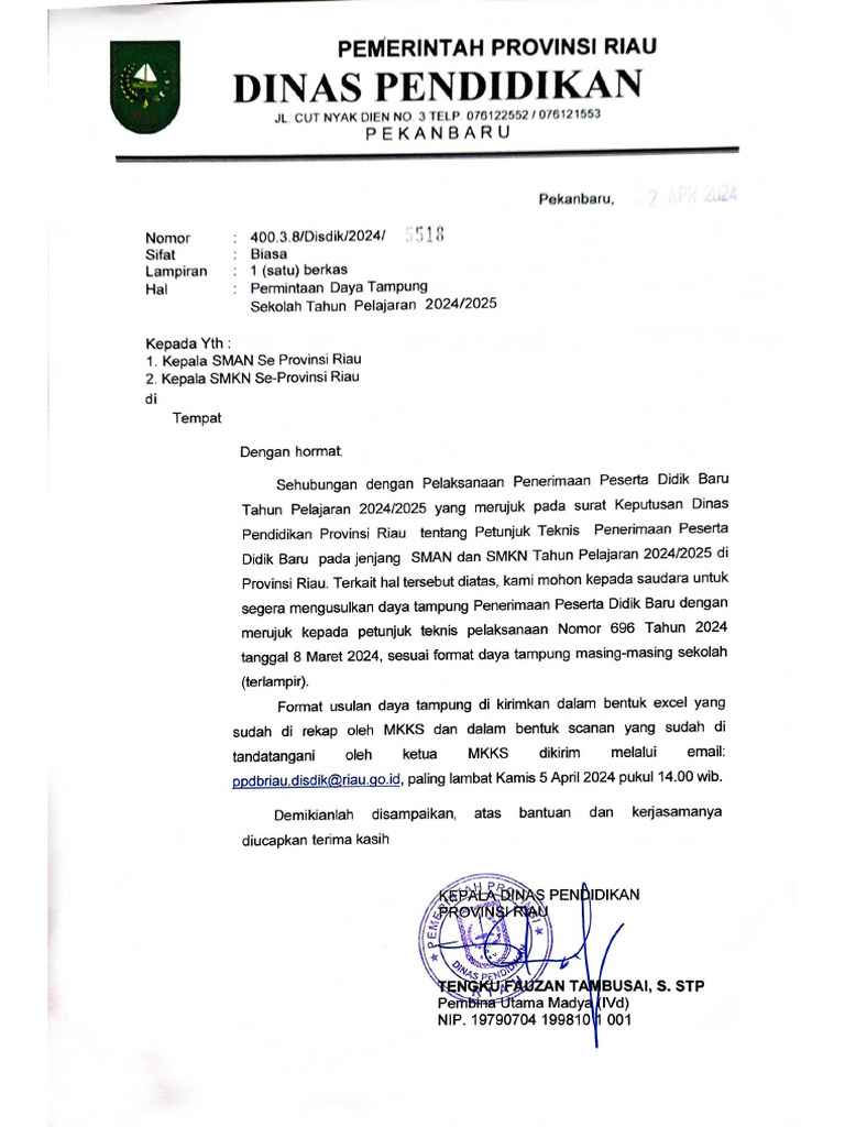 Permintaan Daya Tampung PPDB 2024 | PDF