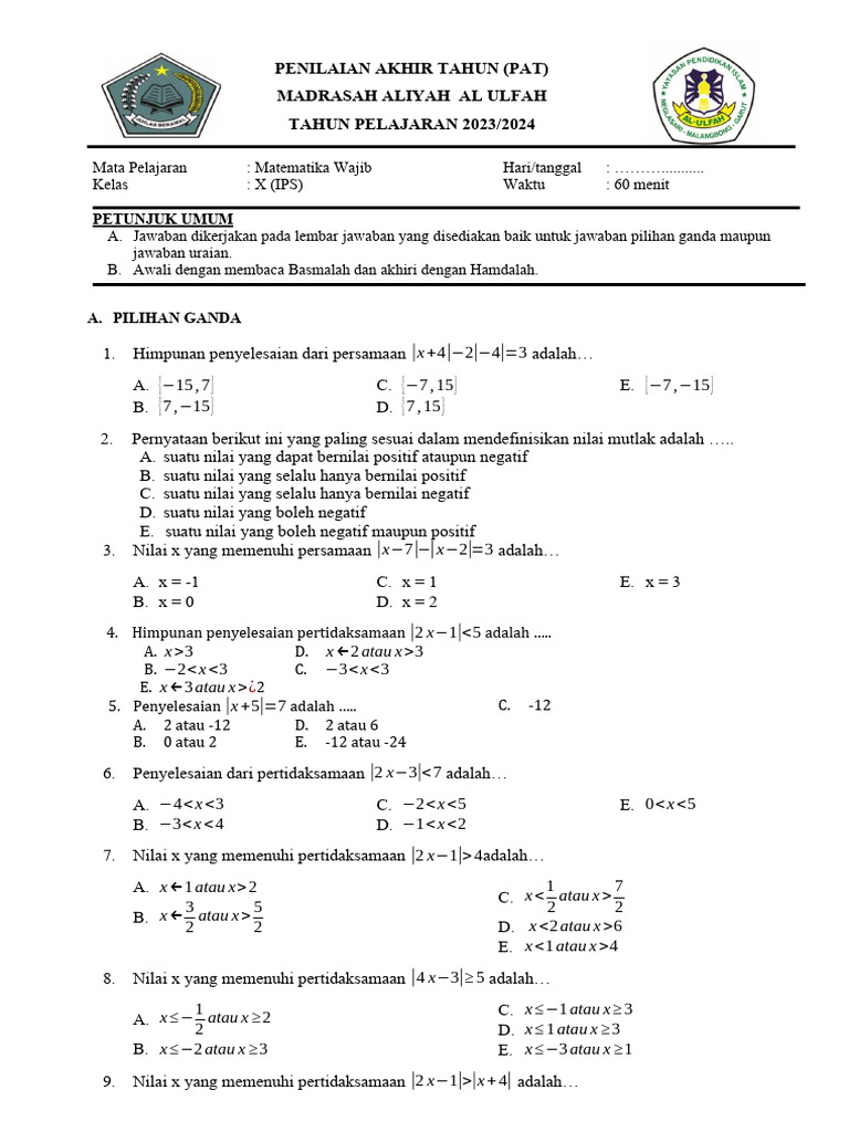Soal Pat Matematika Wajib X Ips | PDF