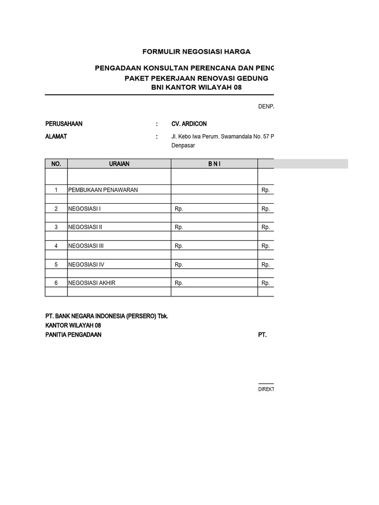 5a. Form Negosiasi Harga Penawaran Konsultan Perencana Dan Pengawas - CV. Ardicon | PDF