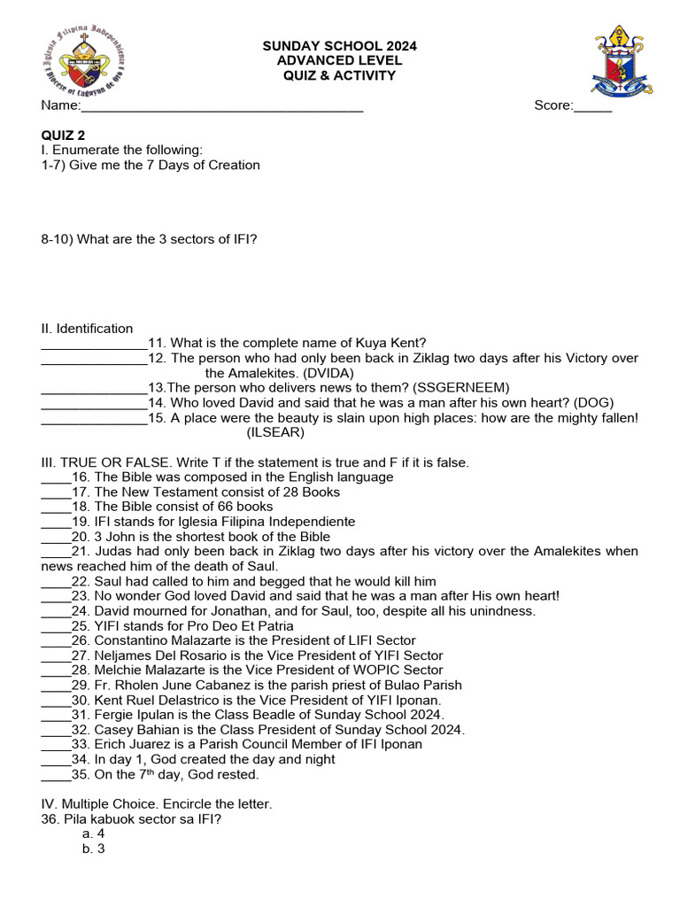 q2 Quiz 2 & Activity Questionnaire | PDF | Saul | David