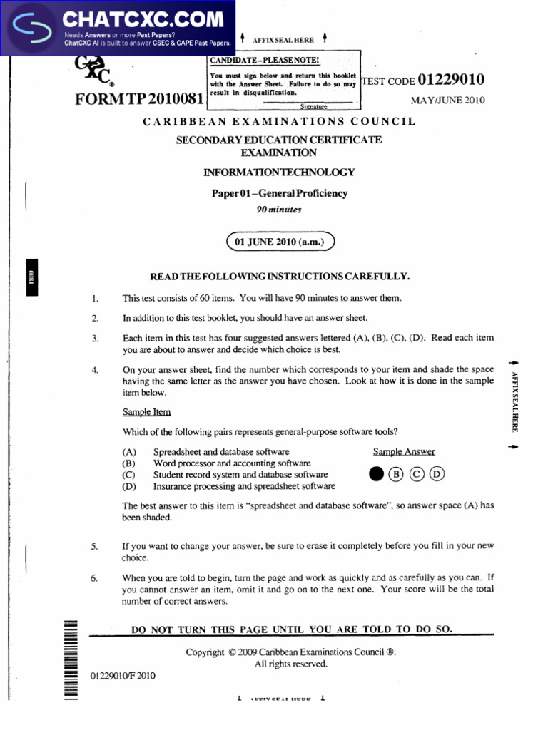 Csec Information Technology P1 2010 Pdf