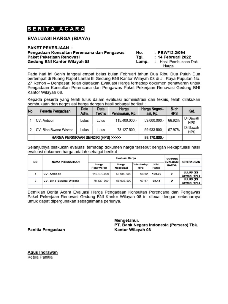 BA Eva Biaya Konsultan Perencana Dan Pengawas Renovasi Gedung Kanwil ...