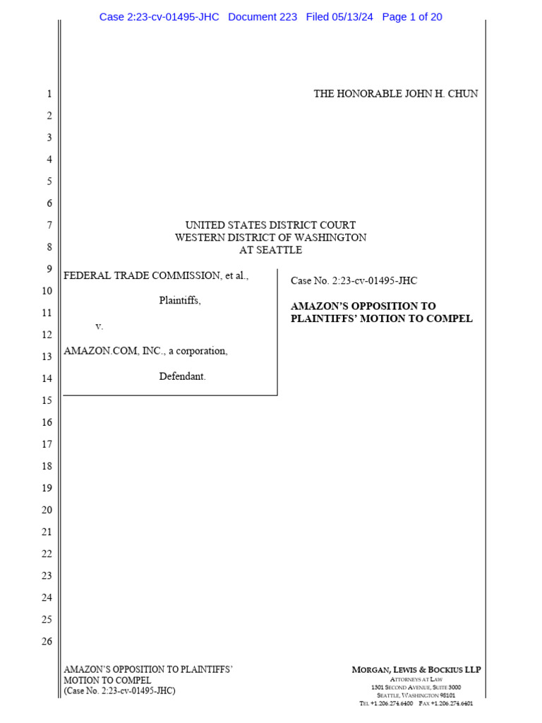 FTC vs. Amazon: AMAZON'S OPPOSITION TO PLAINTIFFS' MOTION TO COMPEL ...