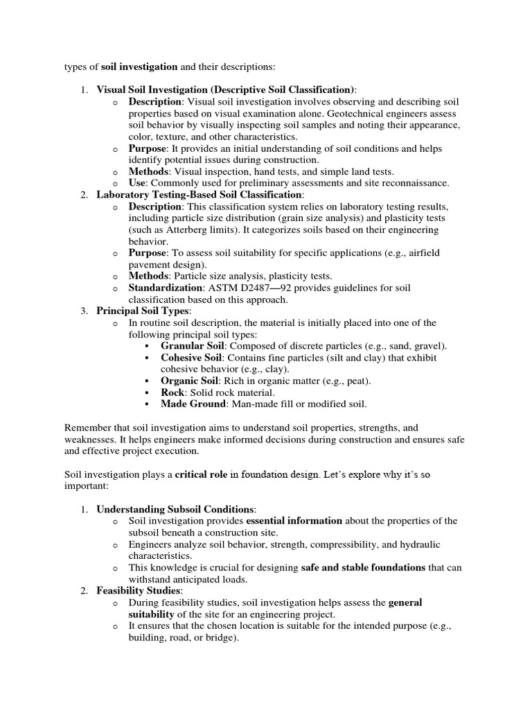 Types of Soil Investigation and Their Descriptions | PDF | Soil ...