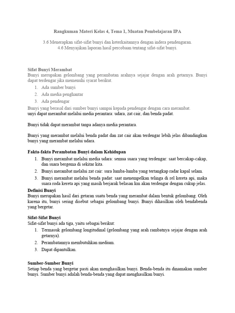 Rangkuman Materi Kelas 4 Tema 1 Bunyi | PDF