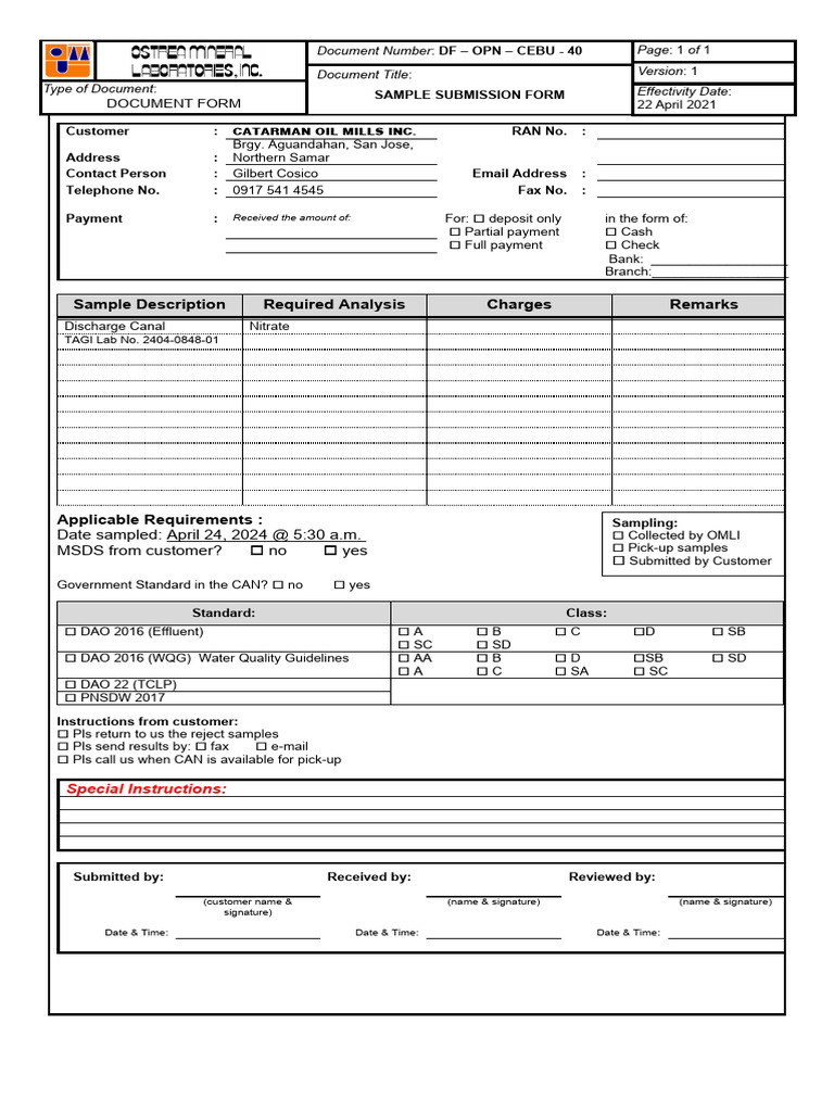 Sample Submission Form for Analysis | PDF