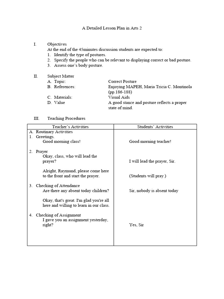 A Detailed Lesson Plan in Arts | PDF | Shoulder | Hip