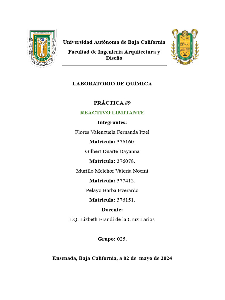 Práctica #9. Reactivo Limitante | PDF | Reacciones químicas | Ph