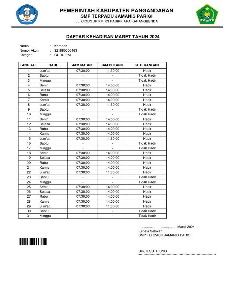 Daftar Kehadiran Guru Maret 2024 | PDF