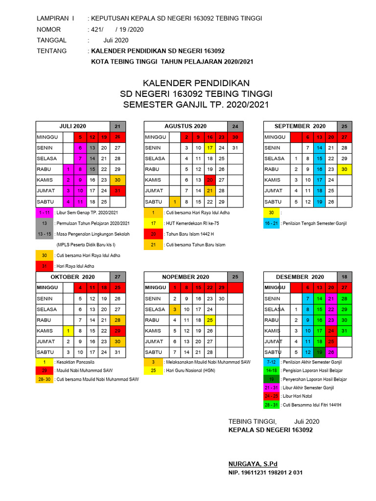 Lampiran I Kalender Pendidikan Sd 2020 2021 Pdf