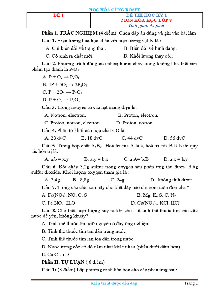 BỘ ĐỀ HÓA 8 HK1 | PDF