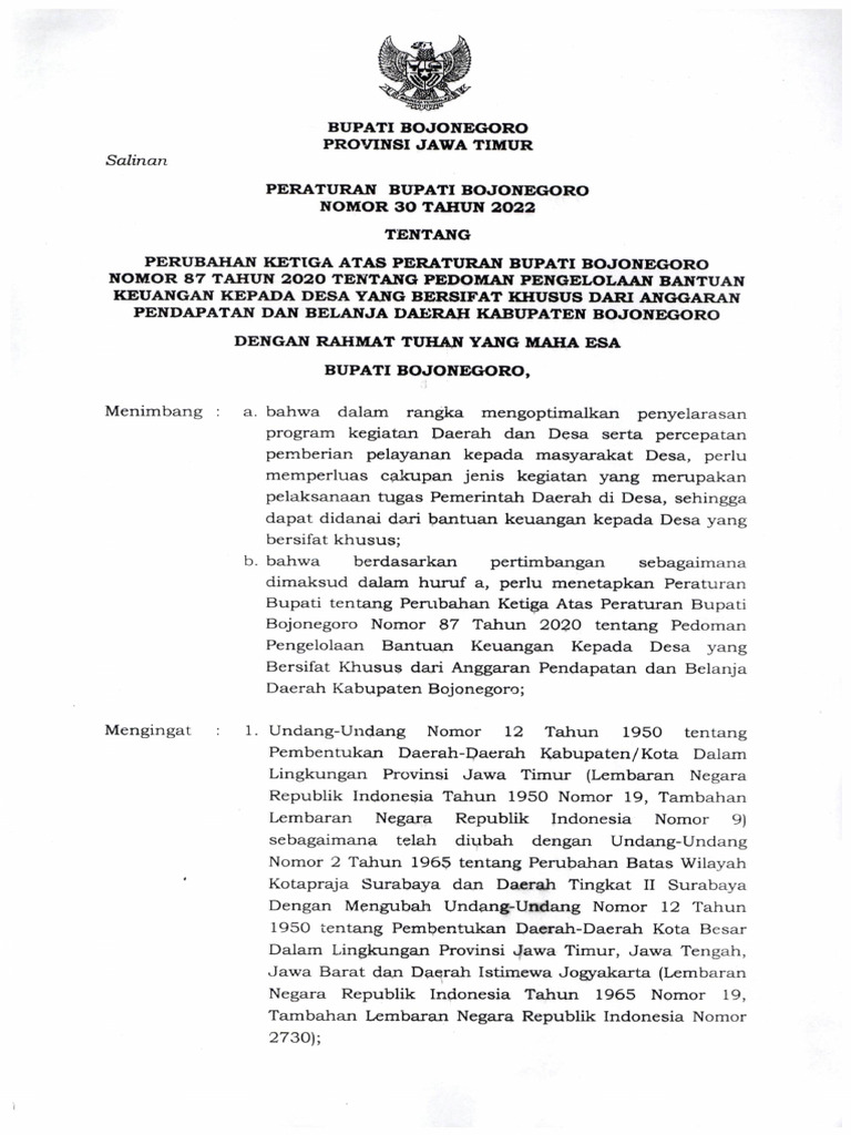 Perbup 30 Tahun 2022 TTG BKD | PDF