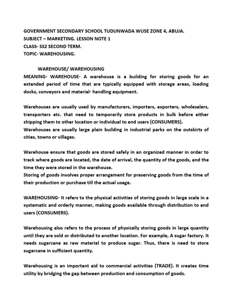 ss2 Second Term Lesson Note 1 | PDF | Warehouse | Goods