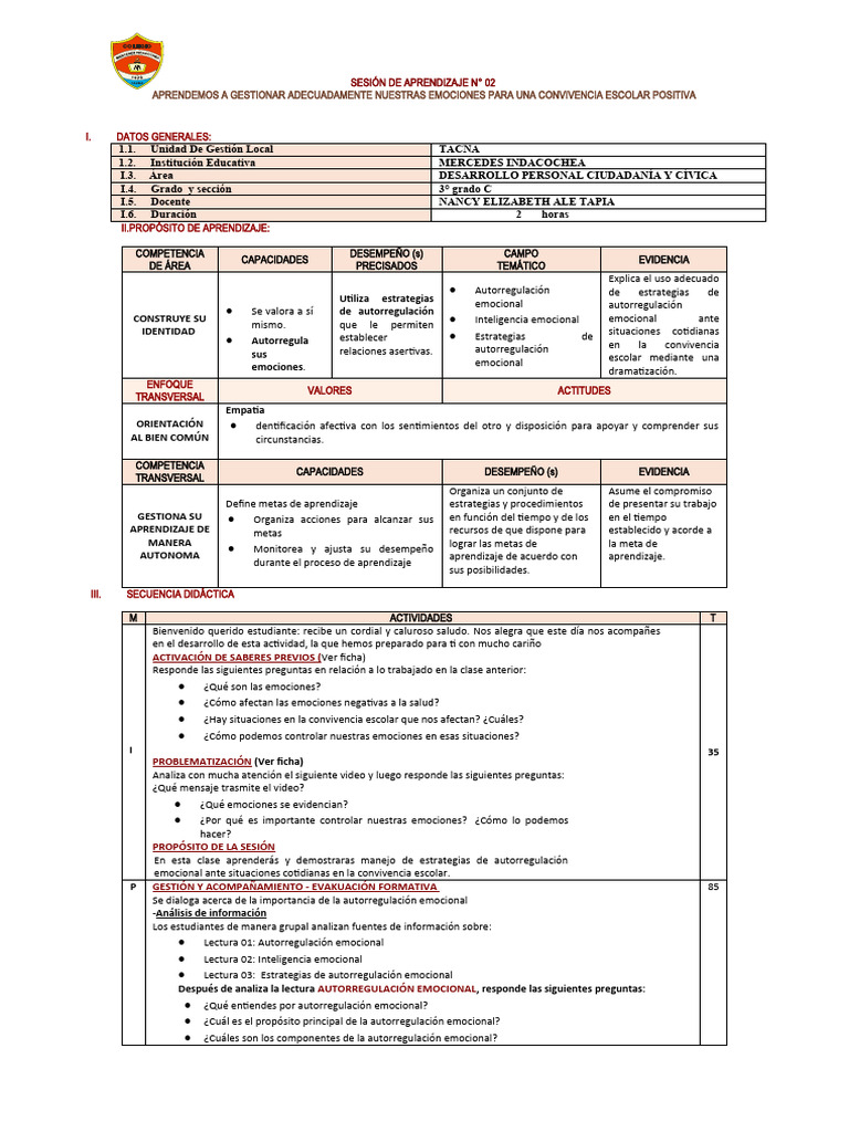 Sesión de Aprendizaje N°2 U2 - 3° | PDF | Aprendizaje | Las emociones