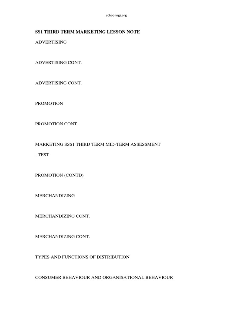 SS1 Third Term Marketing Lesson Note | PDF | Retail | Brand