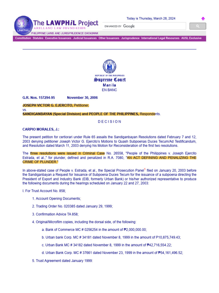 Ejercito vs. Sandiganbayan Case Summary | PDF | Subpoena Duces Tecum ...